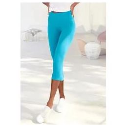 Caprileggings Lascana, Damen, Gr. 32/34, N-Gr, blau (t&uuml;rkis), Single Jersey, Obermaterial: 95% Baumwolle, 5% Elasthan, unifarben, Basic, Basic kniebedeckend, Hosen, mit breitem, weichen B&uuml;ndchen