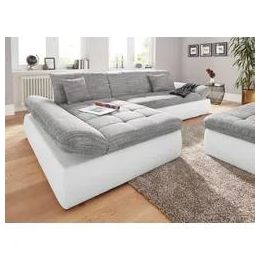 Ecksofa DOMO collection "PB Moric wahlweise mit Bettfunktion + Armteilverstellung, L-Form", wei&szlig; (wei&szlig;, wei&szlig;, grau, grau), B:300cm H:80cm T:172cm, Kunstleder SOFTLUX / Struktur (90% Polyester, 10% Polyacryl);Zierkissen: Struktur (90% Polyester, 10% Polyacryl);Microfaser PRIMABELLE (100% Polyester) / Struktur (90% Polyester, 10% Polyacryl), Sofas, Ecksofa, im XXL-Format, B/T/H:300/172/80 cm, feine 