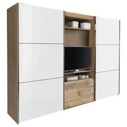 Schwebet&uuml;renschrank wimex "Magic by fresh to go", braun (plankeneichefarben, au&szlig;ent&uuml;ren wei&szlig;glas), B:300cm H:236cm T:65cm, Schr&auml;nke, Schwebet&uuml;renschrank, tolles EXTRA: mit drehbarem TV-Element, Fronten aus Glas