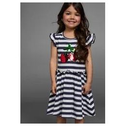 Jerseykleid Kidsworld "mit Pailletten f&uuml;r kleine M&auml;dchen - Kirschen oder Zitronen Motiv", M&auml;dchen, Gr. 92/98, N-Gr, blau (marine, wei&szlig;, geringelt), Jersey, Obermaterial: 95% Baumwolle, 5% Elasthan, geringelt, gestreift, ausgestellt kniefrei, Rundhals, Fl&uuml;gel&auml;rmel abgesteppte Kante, Kleider Jerseykleid, festlich, kniefrei, verspielt, aus Baumwollmischung