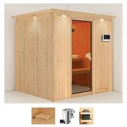 Sauna Karibu "Dima", beige (naturbelassen), Bio-Kombiofen, externe Steuerung, 3,6 kW, Saunen, Ofen 3,6 kW Bio-Ofen externe Strg. easy