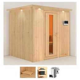 Sauna Karibu "Dima", beige (naturbelassen), Bio-Kombiofen, externe Steuerung, 3,6 kW, Saunen, Ofen 3,6 kW Bio-Ofen externe Strg. easy