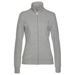 Sweatjacke BENCH. LOUNGEWEAR, Damen, Gr. 52/54, grau (hellgrau, melange), Interlock, Obermaterial: 90% Baumwolle, 10% Polyester, meliert, unifarben, Basic, figurbetont normal, B&uuml;ndchen, Sweatjacken Sweatjacke, mit gl&auml;nzender Logostickerei am Stehkragen, Loungeanzug