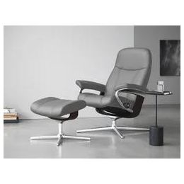 Relaxsessel stressless "Consul", grau (wild dove batick), B:78cm H:97cm T:70cm, Leder BATICK: BATICK ist ein leicht korrigiertes, durchgef&auml;rbtes und genarbtes M&ouml;belleder, bei dem die meisten Unebenheiten und Spuren in der Regel entfernt wurden., Sessel, Relaxsessel, mit Cross Base, Gr&ouml;&szlig;e S, M & L, Holzakzent Braun