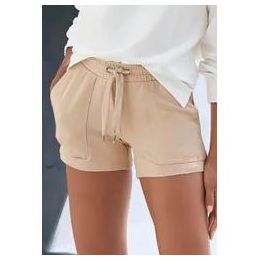 Relaxshorts BENCH. LOUNGEWEAR, Damen, Gr. 52/54, N-Gr, beige, angeraute Sweatware, Obermaterial: 95% Baumwolle, 5% Elasthan, unifarben, bequem kurz, Hosen, mit aufgesetzten Taschen, Loungeanzug