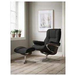 Relaxsessel stressless "Mayfair", schwarz (schwarz batick), B:83cm H:102cm T:74cm, Leder BATICK: BATICK ist ein leicht korrigiertes, durchgef&auml;rbtes und genarbtes M&ouml;belleder, bei dem die meisten Unebenheiten und Spuren in der Regel entfernt wurden., Sessel, Relaxsessel, mit Hocker, mit Cross Base, Gr&ouml;&szlig;e S, M & L, Holzakzent Braun