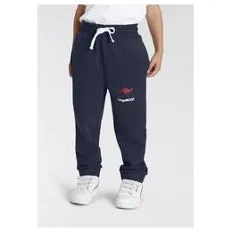 Sweathose Kangaroos "Jogginghose mit Logo-Print", Jungen, Gr. 104/110, N-Gr, blau (marine), Sweatware, Obermaterial: 100% Baumwolle, bedruckt, Basic lang, Hosen Sweathose, Basic f&uuml;r kleine Jungen