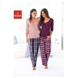 Pyjama Vivance DREAMS, Damen, Gr. 52/54, bunt (rosa, kariert, bordeaux, kariert), Single Jersey, Obermaterial: 100% Baumwolle, gemustert, unifarben, Basic, lang, Homewear-Sets Pyjama, mit karierter Hose