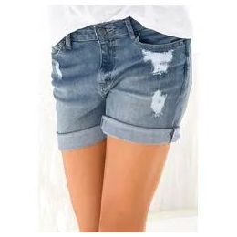 Jeansbermudas Buffalo, Damen, Gr. 36, N-Gr, blau (blau washed), Denim/Jeans, Obermaterial: 98% Baumwolle, 2% Elasthan, Destroyed-Effekte, figurumspielend kurz, Jeans, mit Destroyed-Effekten, Shorts zum Krempeln, kurze Hose, Topseller