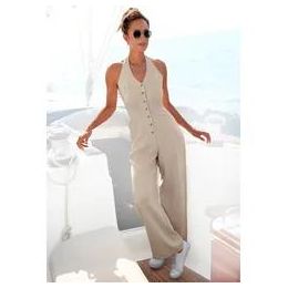 Neckholder-Overall Lascana, Damen, Gr. 38, N-Gr, beige (sand), Web, Obermaterial: 50% Leinen, 50% Viskose, unifarben, figurbetont lang, Neckholder, Overalls, aus Leinen-Mix, sommerlicher Jumpsuit mit weitem Bein