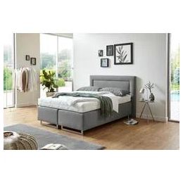 Boxspringbett, grau (feinstrukturstoff grau), Liegefl&auml;che B/L: 140cm x 200cm, H3, 7-Zonen-Kaltschaummatratze, Bezug Unterbox und Kopfteil: Feinstrukturstoff (77% Polyester, 23% Viskose);Bezug Obermatratze 100% Polyester, waschbar bis 60C;Bezug Zierkissen Feinstrukturstoff (77% Polyester, 23% Viskose), Westfalia Schlafkomfort, Komplettbetten, Boxspringbett, mit Zierkissen und verchromten Kufen, in 