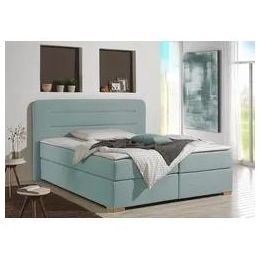 Boxspringbett Home Affaire "Manchester", blau (petrol), B:160cm L:208cm, Strukturstoff-Bezug (100% Polyester), Komplettbetten, Boxspringbett, 5 Breiten, 3 Ausf&uuml;hrungen, 2 H&auml;rtegraden, Topper, Steppung