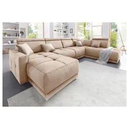 Wohnlandschaft DOMO collection "Ava moderne Sitzheftung mit toller Doppelnaht, komfortabel, U-Form", beige (natur), B:351cm H:84cm T:222cm, Zierkissen: Microfaser PRIMABELLE (100% Polyester);Struktur (100% Polyester);Microfaser PRIMABELLE (100% Polyester);Kunstleder SOFTLUX;Struktur fein (100% Polyester), Sofas, Wohnlandschaft, mit Federkern, wahlweise mit Kopfteilverstellungen