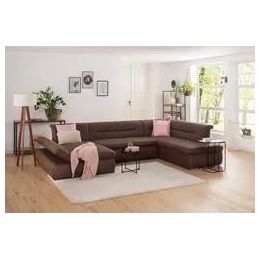 Wohnlandschaft Home Affaire "Avesa U-Form", braun (dunkelbraun), B:355cm H:80cm T:216cm, 100% Polyester, Sofas, Wohnlandschaft, Wahlweise mit Armteilverstellung und Bettfunktion, B/T/H: 355/216/80cm