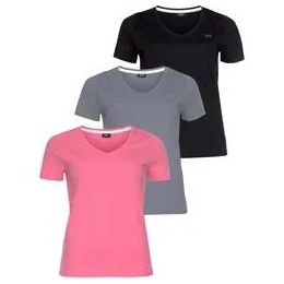 H.I.S. T-Shirt H.I.S "Essential-Basics", Damen, Gr. 40/42, bunt (schwarz, pink, rauchblau), Single Jersey, Obermaterial: 100% Baumwolle, bedruckt, clean, unifarben, Basic, figurumspielend h&uuml;ftlang, V-Ausschnitt, Shirts T-Shirt, figurumspielender Schnitt, aus Baumwolle, Topseller