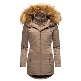 Wintermantel Marikoo "Sanakoo", Damen, Gr. S (36), grau (taupe), Oberstoff: 100% Polyester. Futter: 100% Polyester. Wattierung: 100% Polyester. &Auml;rmelfutter: 100% Polyester. Kunstpelz: 90% Polyacryl, 10% Polyester, tailliert Po-bedeckend, &Auml;rmel ohne &Auml;rmelschlitz Rippstrickb&uuml;ndchen, M&auml;ntel Wintermantel, schicker Damen Kurzmantel mit Kunstfellkapuze