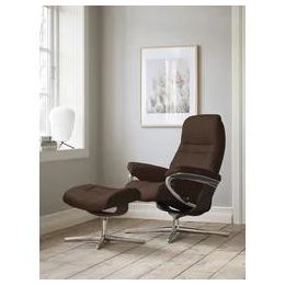 Relaxsessel stressless "Sunrise", braun (malt braun batick), B:79cm H:103cm T:73cm, Leder BATICK: BATICK ist ein leicht korrigiertes, durchgef&auml;rbtes und genarbtes M&ouml;belleder, bei dem die meisten Unebenheiten und Spuren in der Regel entfernt wurden., Sessel, Relaxsessel, mit Hocker, mit Cross Base, Gr&ouml;&szlig;e S, M & L, Holzakzent Braun