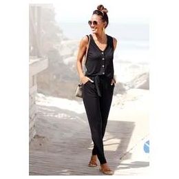 Jumpsuit Lascana, Damen, Gr. 42, N-Gr, schwarz, Jersey, Obermaterial: 100% Viskose, unifarben, figurbetont lang, V-Ausschnitt, Overalls Jumpsuit, und Knopfleiste vorne, bequemer Overall mit Taschen