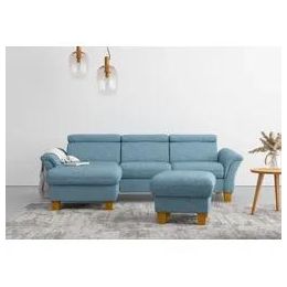 Ecksofa Home Affaire "Lindgren L-Form", blau (eisblau), B:258cm H:84cm T:169cm, 100% Polyester, Sofas, Ecksofa, wahlweise mit Bett mit klappbaren Rollen, Kasten und Kopfverstellung