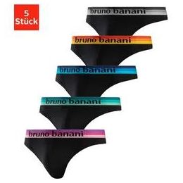 String Bruno Banani, Damen, Gr. XL, 5 Stk., bunt (schwarz, blau, schwarz, pink, schwarz, mint, schwarz, gelb, schwarz, grau), Jersey, Obermaterial: 95% Baumwolle, 5% Elasthan, unifarben, k&ouml;rpernah, Unterhosen String, mit Streifen Logo Webbund