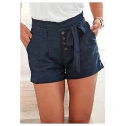 Shorts Lascana, Damen, Gr. 38, N-Gr, blau (marine), Web, Obermaterial: 58% Viskose, 28% Baumwolle, 14% Leinen, figurumspielend kurz, Hosen Shorts Strandshorts, und Knopfleiste, kurze Hose, Leinenhose, Sommerhose