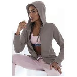 Kapuzensweatjacke BENCH. LOUNGEWEAR, Damen, Gr. 32/34, grau (taupe), Sweatware, Obermaterial: 60% Baumwolle, 40% Polyester, bestickt, unifarben, Basic, bequem h&uuml;ftlang, breiter Bund, Sweatjacken, mit Logo und K&auml;ngurutasche, Loungewear, Topseller