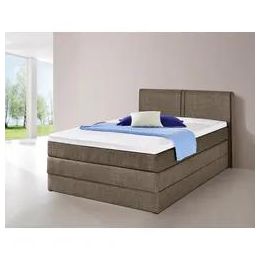 Boxspringbett Hapo, braun (hellbraun, strukturstoff), Liegefl&auml;che B/L: 140cm x 200cm, kein H&auml;rtegrad, 7-Zonen-Kaltschaummatratze, Kopfteil, seitliche Unterbox und Obermatratze sind mit pflegeleichtem Feinstrukturstoff in Leinenoptik (100% Polyester) oder Kunstleder bezogen;Die Oberseite der Unterfederung und die Ober- und Unterseite der Obermatratze sind jeweils mit einem rutschhemmenden Stoff aus