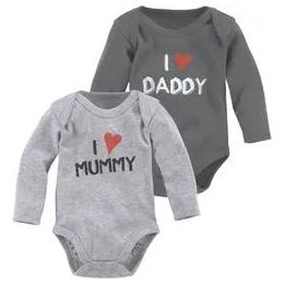 Langarmbody Kidsworld "2er Pack Baby-Bodies, Mummy & Daddy", Jungen, Gr. 74/80, N-Gr, grau (anthrazit, grau), Jersey, Obermaterial: 100% Baumwolle. Obermaterial Melange: 95% Baumwolle, 5% Viskose, bedruckt, Basic, Basic, amerikanischer Ausschnitt, Bodys, aus Bio-Baumwolle