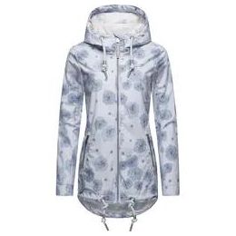 Outdoorjacke Ragwear "Zuzka Flower", Damen, Gr. M (38), blau (hellblau), Au&szlig;enmaterial: 100% Polyester. Innenfutter: 100% Polyester, tailliert Po-bedeckend, &Auml;rmel ohne &Auml;rmelschlitz normaler Saum mit Druckknopf, Jacken Outdoorjacke, stylische &Uuml;bergangsjacke mit gro&szlig;er Kapuze