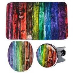 Badaccessoire-Set Sanilo "Rainbow", bunt, Kunststoff, MDF, Polyester, Badaccessoires-Sets, bestehend aus WC-Sitz, Badteppich und Waschbeckenst&ouml;psel
