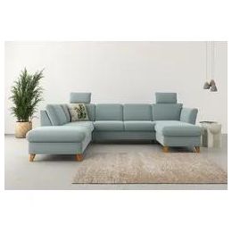 Wohnlandschaft Home Affaire "Trelleborg U-Form", blau (aqua), B:307cm H:86cm T:213cm, 100% Polyester, Sofas, Wohnlandschaft, Federkern-Polsterung, wahlweise mit Bettfunktion und Stauraum