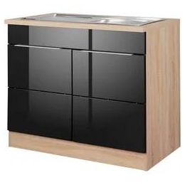 Sp&uuml;lenschrank KOCHSTATION "KS-Brindisi", schwarz (schwarz hochglanz, eichefarben), B:100cm H:85cm T:60cm, Holzwerkstoff, MDF, Schr&auml;nke, Sp&uuml;lenschrank, 100 cm breit, inklusive Einbausp&uuml;le