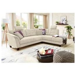 Ecksofa Home Affaire "Trondheim L-Form", beige (creme), B:260cm H:89cm T:214cm, Struktur fein (100% Polyester);Flachgewebe (100% Polyester);Luxus-Microfaser (90% Polyester, 10% Polyamid), Sofas, Ecksofa, mit Federkern und Knopfheftung im R&uuml;cken, F&uuml;&szlig;e Buche dunkel