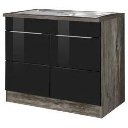 Sp&uuml;lenschrank KOCHSTATION "KS-Brindisi", schwarz (schwarz hochglanz, eiche vintage), B:100cm H:85cm T:60cm, Holzwerkstoff, MDF, Schr&auml;nke, Sp&uuml;lenschrank, 100 cm breit, inklusive Einbausp&uuml;le