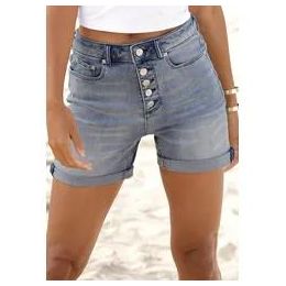 Jeansshorts Buffalo, Damen, Gr. 44, N-Gr, blau (blau, washed), Denim/Jeans, Obermaterial: 98% Baumwolle, 2% Elasthan, figurbetont ca. Mitte Oberschenkel, Jeans Jeansshorts, in High-Waist-Form, Stretchanteil, Sommerhose, figurbetont