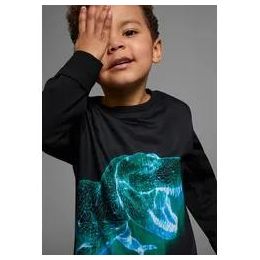 Langarmshirt Kidsworld "GREEN DINO", Jungen, Gr. 140/146, schwarz, Jersey, Obermaterial: 100% Baumwolle. Obermaterial Vorderteil: 100% Polyester, bedruckt, Basic, Rundhals, Shirts Langarmshirt, lang&auml;rmlig, mit trendigem Druck, Rundhalsausschnitt, aus Baumwolle