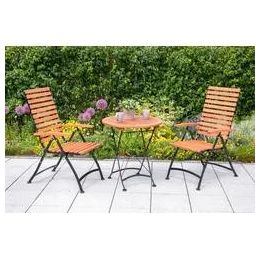 Garten-Essgruppe Merxx "Schlo&szlig;garten", schwarz (schwarz, braun ge&ouml;lt, braun, schwarz), FSC-zertifiziertes Massivholz, Stahl, Sitzm&ouml;bel-Sets, 2 Sessel, klappbar, Tisch &Oslash;/H&ouml;he: 70x74 cm, Eukalyptus ge&ouml;lt