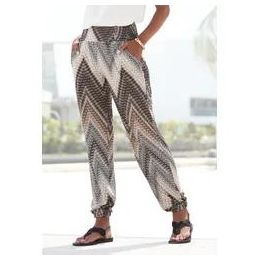Jerseyhose Lascana, Damen, Gr. 38, N-Gr, bunt (schwarz, braun, creme bedruckt), Jersey, Obermaterial: 100% Viskose, bedruckt, figurumspielend lang, Hosen Jerseyhose, mit Alloverprint und Taschen, Stretchbund, Strandhose
