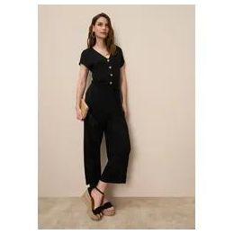 Culotte-Overall Tamaris, Damen, Gr. 44, N-Gr, schwarz, Jersey, Obermaterial: 95% Viskose, 5% Elasthan, unifarben, figurumspielend ca. Mitte Wade, V-Ausschnitt, Overalls, mit Knopfleiste und Bindeband