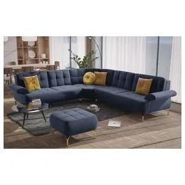 Sit & More Ecksofa SIT & MORE "Orient 1 L-Form", blau, B:299cm H:88cm T:279cm, 100% Polyester, Sofas, Ecksofa, inkl. 4 Zierkissen mit Strass-Stein, goldfarbene Metallf&uuml;&szlig;e