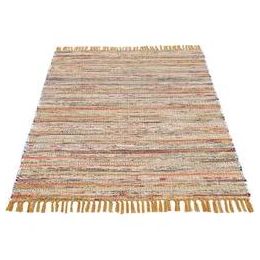 Teppich CarpetFine "Kelim Chindi, Wendeteppich", gelb, B:160cm H:6mm L:230cm, Baumwolle, Polyester, Teppiche, Teppich, handgewebt, Fleckerlteppich mit Fransen, auch vielen in L&auml;ufergr&ouml;&szlig;en