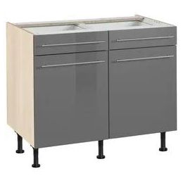 Unterschrank Optifit "Bern", grau (grau hochglanz, akaziefarben), B:100cm H:87cm T:58,4cm, Schr&auml;nke, Unterschrank, 100 cm breit, mit 2 T&uuml;ren, 2 Schubk&auml;sten, h&ouml;henverstellbare F&uuml;&szlig;e