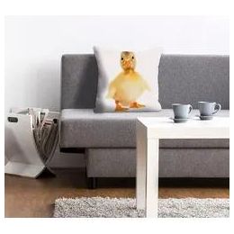 Dekokissen queence "Manuel", gelb (gelb, bedruckt), B:40cm L:40cm, Polyester, Dekokissen_Sitzkissen_Kissenh&uuml;llen, Kissenh&uuml;lle,Ente,Tiermotiv,Niedlich,Haustier,Verspielt,Zart