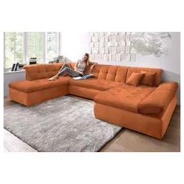 Wohnlandschaft DOMO collection "NMoric im XXL-Format, B/T/H: 353/216/80 cm, incl. Zierkissen U-Form", orange (terrakotta), B:353cm H:80cm T:216cm, Microfaser PRIMABELLE (100% Polyester);Chenille (85% Polyester, 15% Acryl);Luxus-Microfaser (100% Polyester);Struktur ( 100% Polyester), Sofas, Wohnlandschaft, wahlweise mit Bettfunktion und Armlehnenverstellung