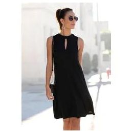 Jerseykleid Lascana, Damen, Gr. 38, N-Gr, schwarz, Jersey, Obermaterial: 100% Viskose, figurumspielend kniefrei, hoch geschlossener Ausschnitt, Kleider Jerseykleid, in weit schwingender Form, mit Taschen, Bindeband im Nacken, elegant, Topseller