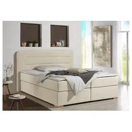 Boxspringbett Home Affaire "Manchester", beige (creme), B:220cm L:208cm, Strukturstoff-Bezug (100% Polyester), Komplettbetten, Boxspringbett, 5 Breiten, 3 Ausf&uuml;hrungen, 2 H&auml;rtegraden, Topper, Steppung