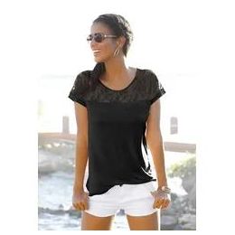 Strandshirt Lascana, Damen, Gr. 32/34, schwarz, Jersey, Obermaterial: 95% Viskose, 5% Elasthan. Spitze: 90% Polyamid, 10% Elasthan, unifarben, figurumspielend h&uuml;ftlang, Rundhals, Shirts, mit Spitzeneinsatz, T-Shirt, Kurzarmshirt, feminin-modisch