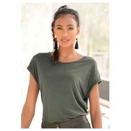 Kurzarmshirt Lascana, Damen, Gr. 44/46, gr&uuml;n (khaki), Jersey, Obermaterial: 100% Viskose, unifarben, figurumspielend h&uuml;ftlang, Rundhals, Aufschlag, Shirts, mit Rundhalsausschnitt, Jerseyware, &Auml;rmelaufschlag, Basic