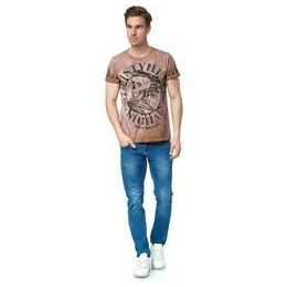 T-Shirt Rusty Neal, Herren, Gr. S, braun (camelfarben), 100% Baumwolle, bedruckt, normal, Rundhals, Shirts T-Shirt, mit stylischem Totenkopf-Print