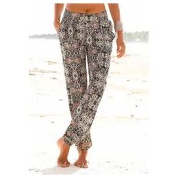 Strandhose s.Oliver, Damen, Gr. 42, N-Gr, blau (marine, bedruckt), Jersey, Obermaterial: 100% Viskose, figurumspielend lang, Hosen Strandhose, mit Alloverprint und Taschen, Stoffhose, Sommerhose, elastisch